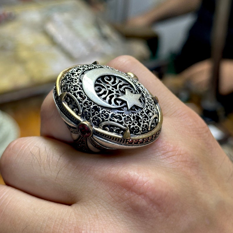 Silver Large Turkish Flag Ring , Silver Large Ruby Stone Ring, Large ...