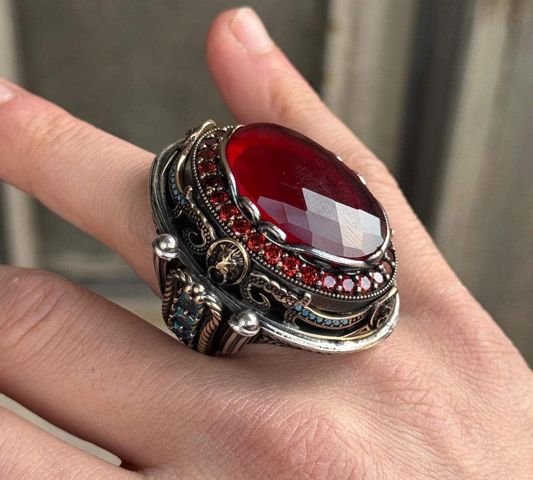 Men Handmade Garnet Stone Ring, Leon Head Sword Figured Ring, Large ...