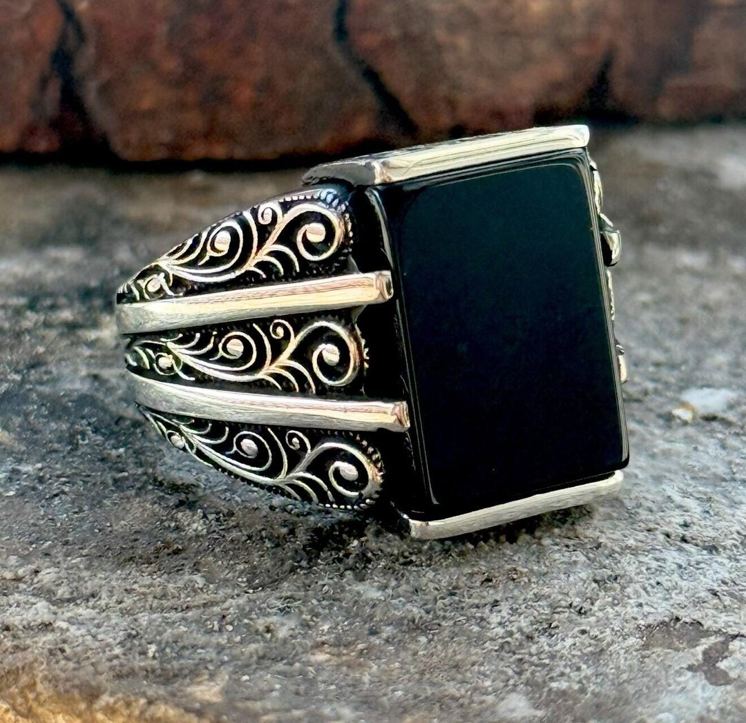 Men Black Onyx Ring , Square Wedding Ring for Men , Engraved Men Onyx ...
