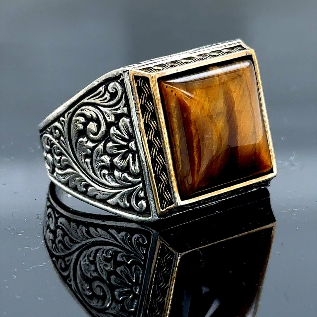 Men's Tiger Eye Stone Ring , Square Tiger Eye Ring , Engraved Ottoman ...