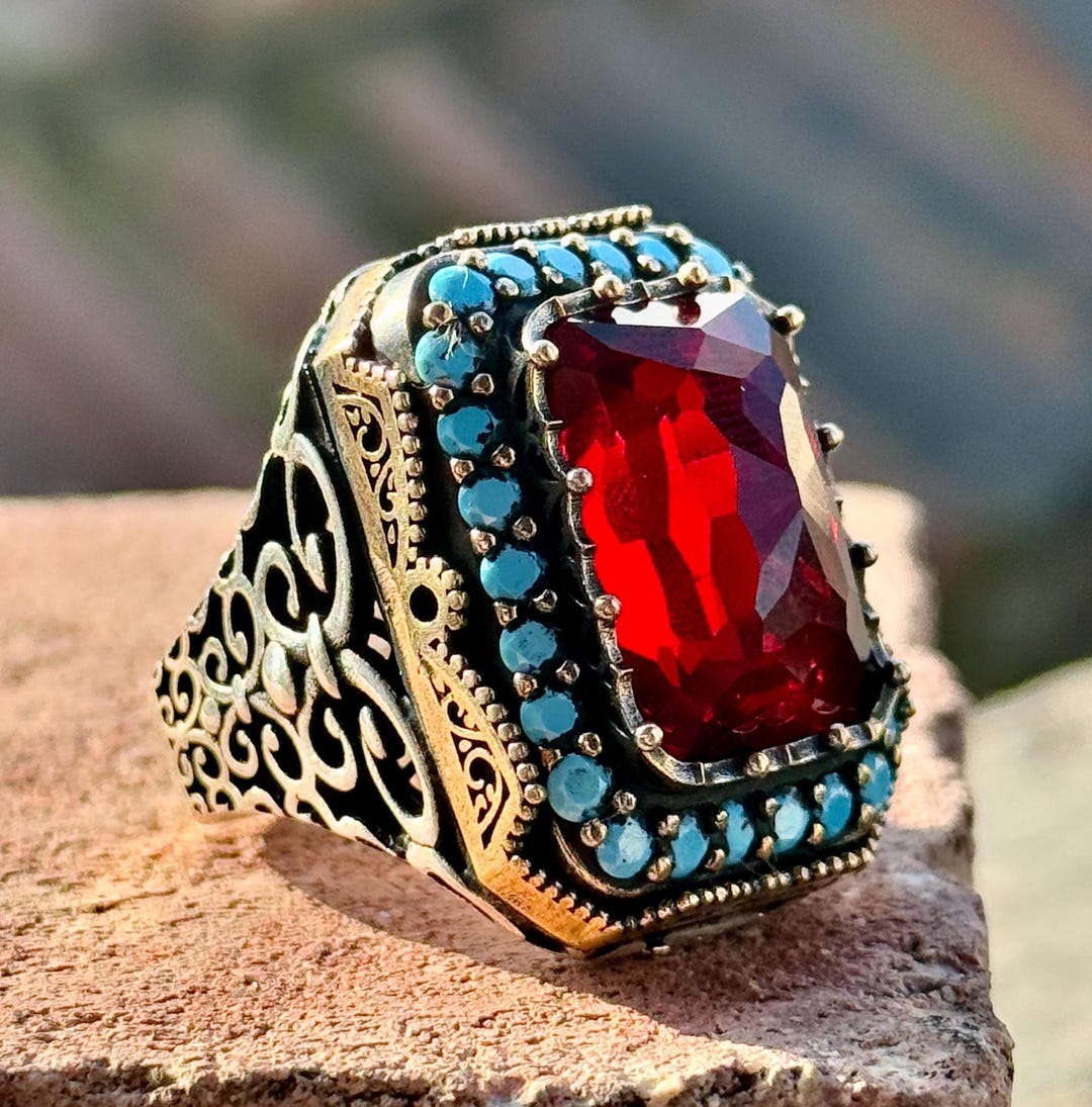 Men Large Ruby Stone Ring, Handmade Ruby and Turquoise Stone Ring ...