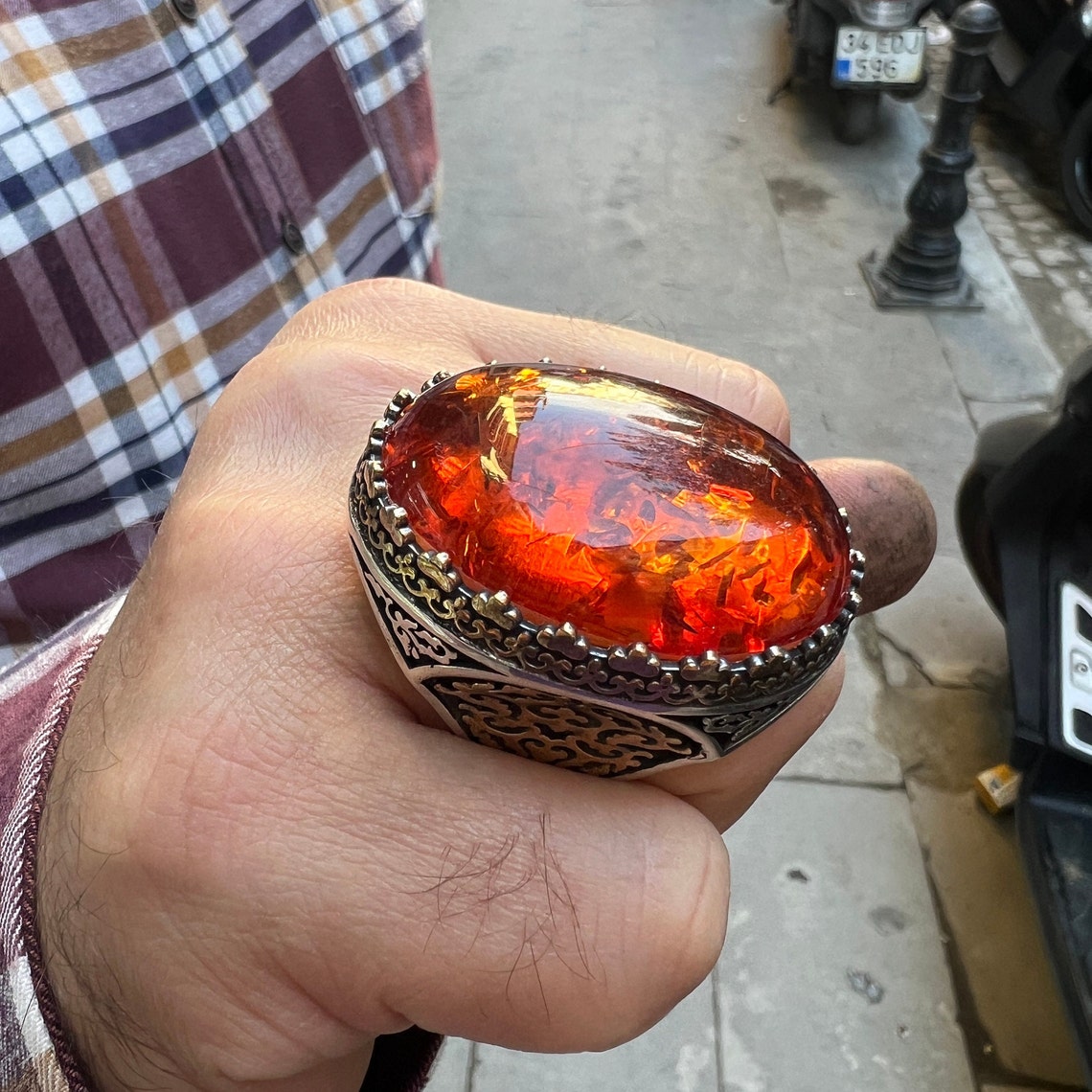 Silver Baltic Amber Ring Large Amber Stone Ring Turkish - Etsy