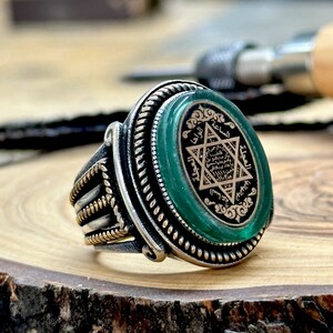 Silver Seal of Solomon Ring , Men King Solomon Ring , Emerald Gemstone ...
