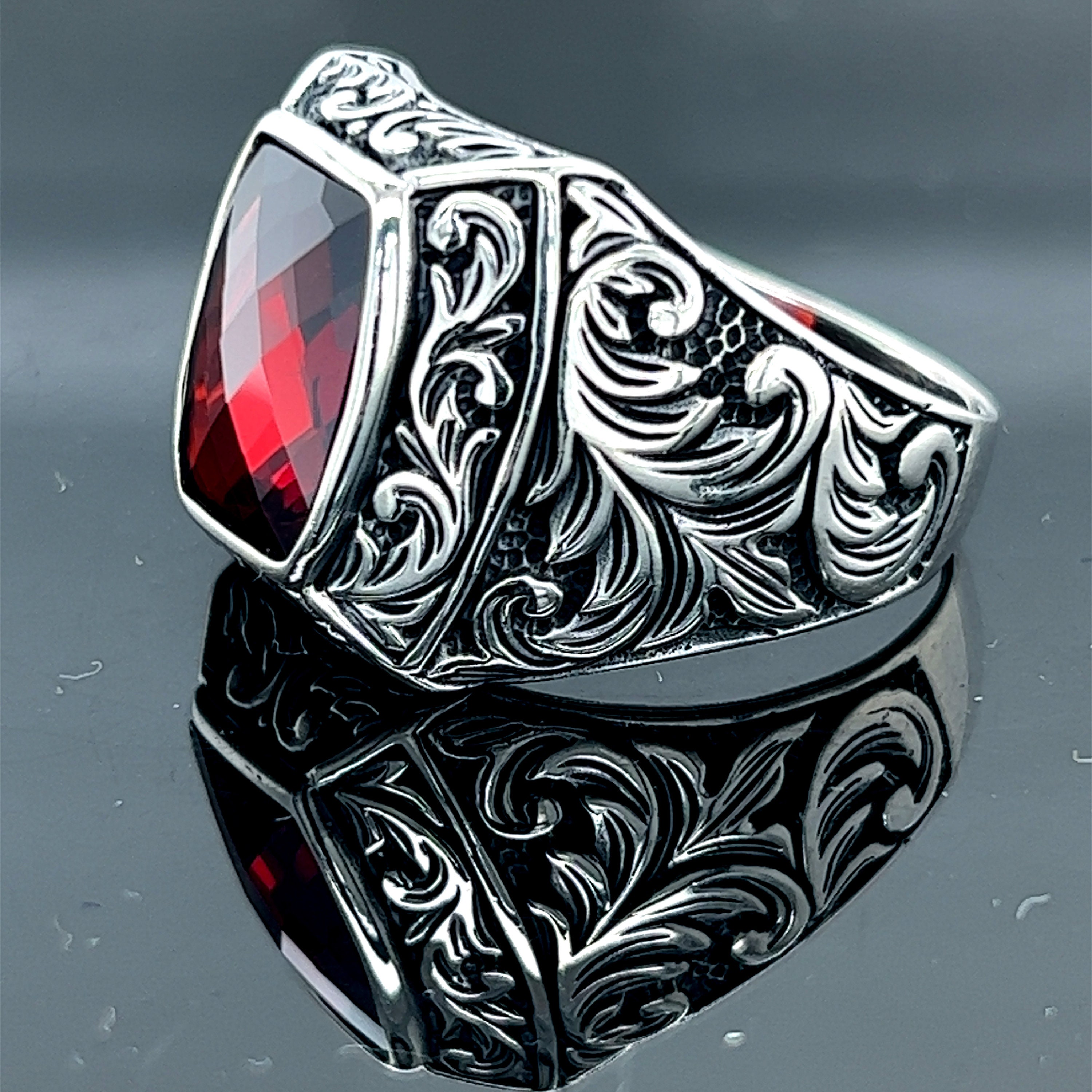 Silver Red Stone Ring , Silver Ruby Stone Ring , Ottoman Patterned Men ...