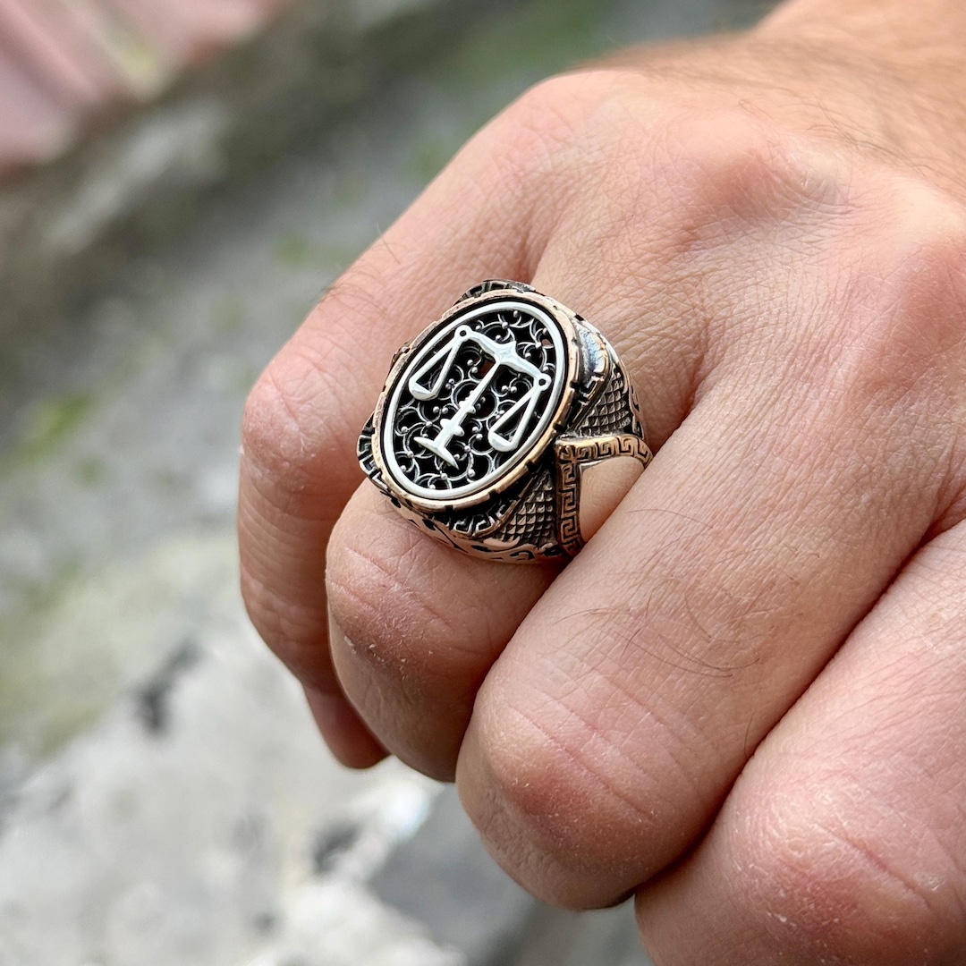 Man Silver Silver Scale Signet Ring , Men Handmade Libra Ring , Silver ...
