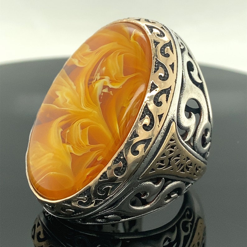 Man Silver Large Amber Stone Ring Baltic Amber Ring - Etsy