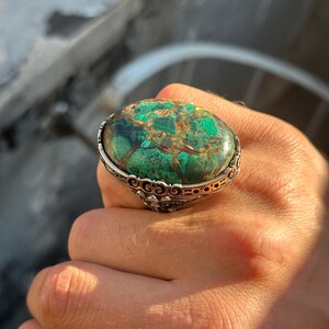 Men Silver Large Malachite Ring , Oval Big Malachite Stone Ring ...