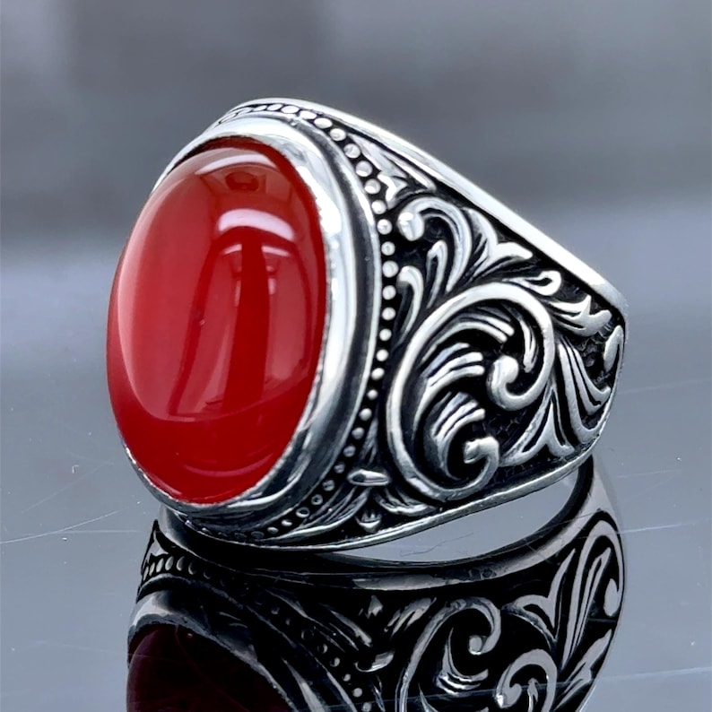 Handgemaakte heren agaat Aqeeq ring, natuurlijke rode agaat ring ...