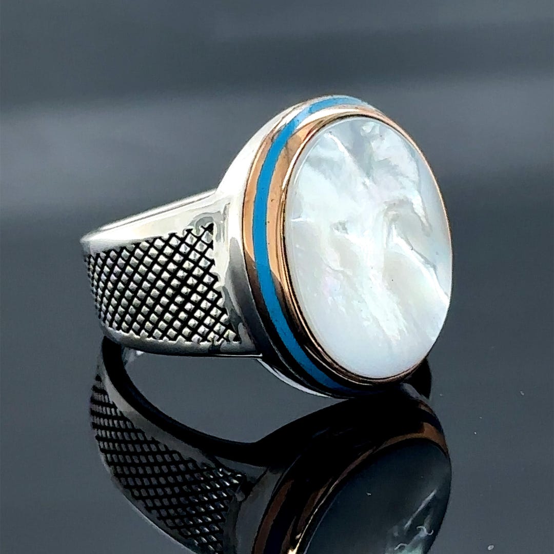 Men Silver Mother of Pearl Signet Ring, Handmade Minimal Genuine Pearl ...