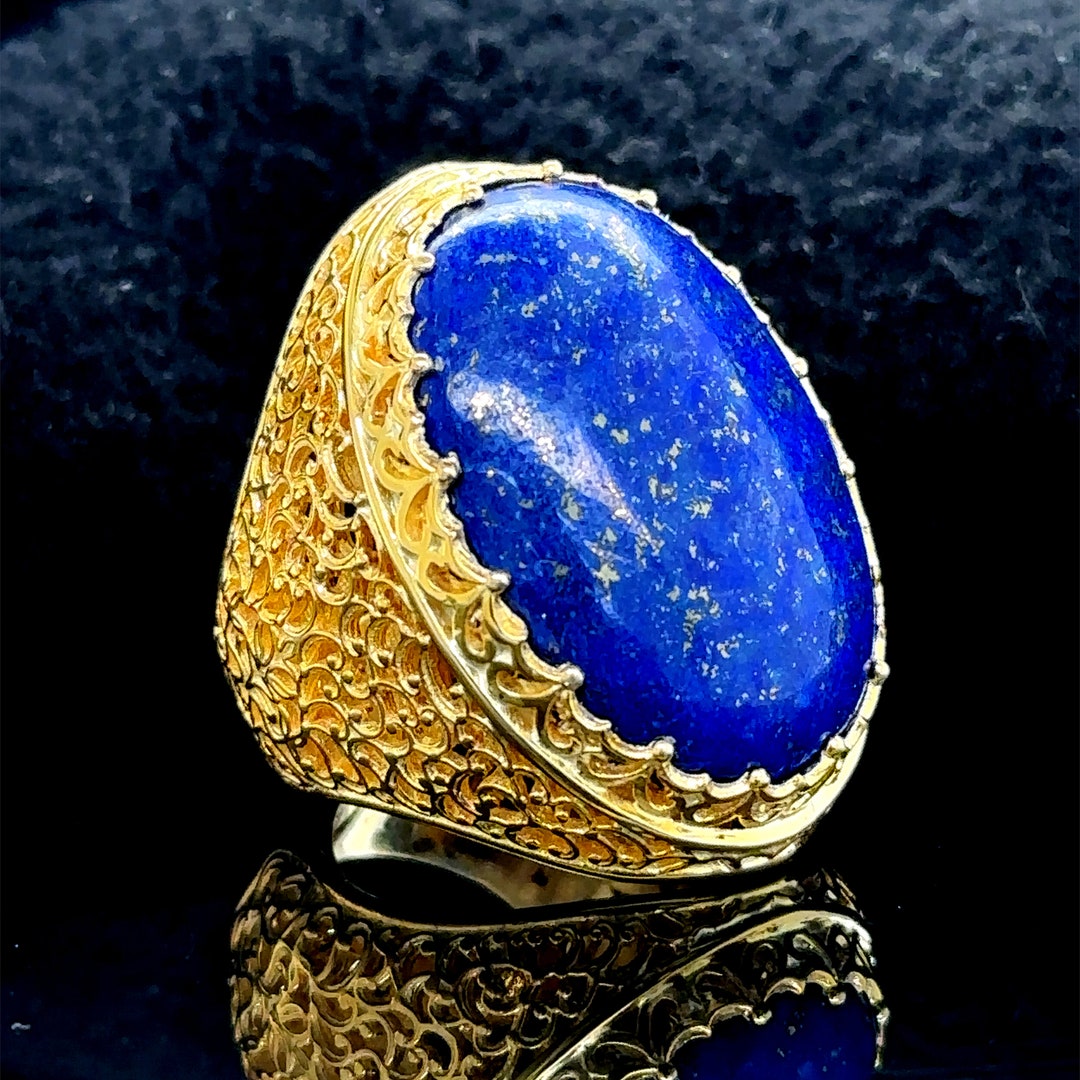 Natural Lapis Lazuli Ring, Large 14K Gold Lapis Ring, Turkısh Handmade ...