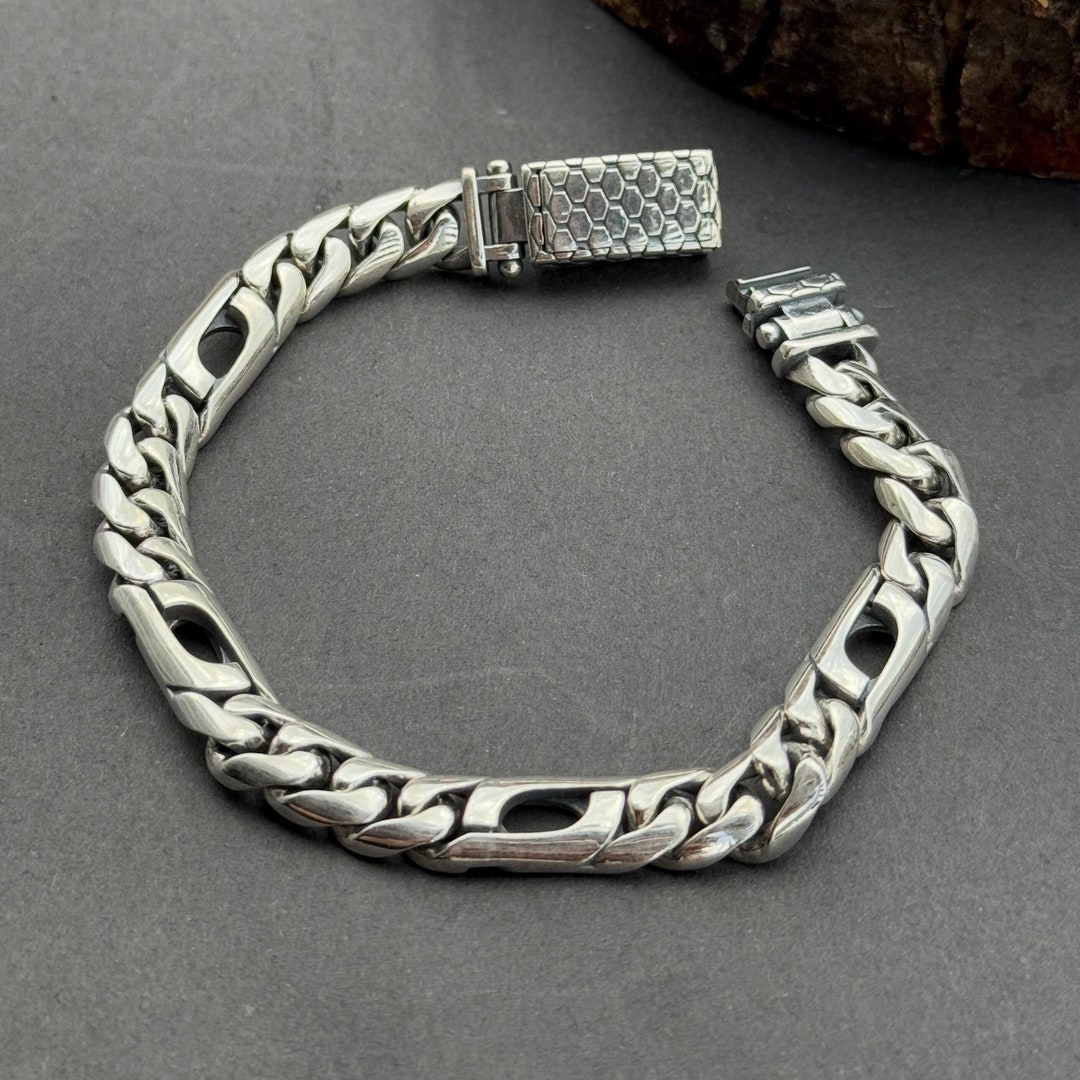 Men Silver Chain Bracelet, Men Cuban Link Silver Bracelet, Handmade Men ...