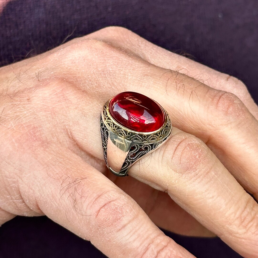 Red Ruby Stone Ring, Red Stone Ring , Men Handmade Silver Ring, Ottoman ...