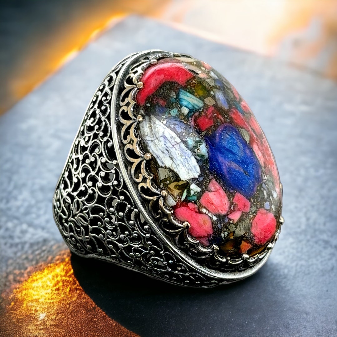 Mens Handmade Ring , Multi Color Turquoise Gemstone Ring, Men Sterling ...