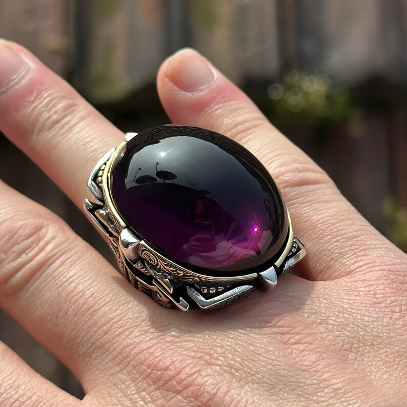 Silver Large Amethyst Men's Ring , Man Silver Big Ottoman Ring , Unique ...