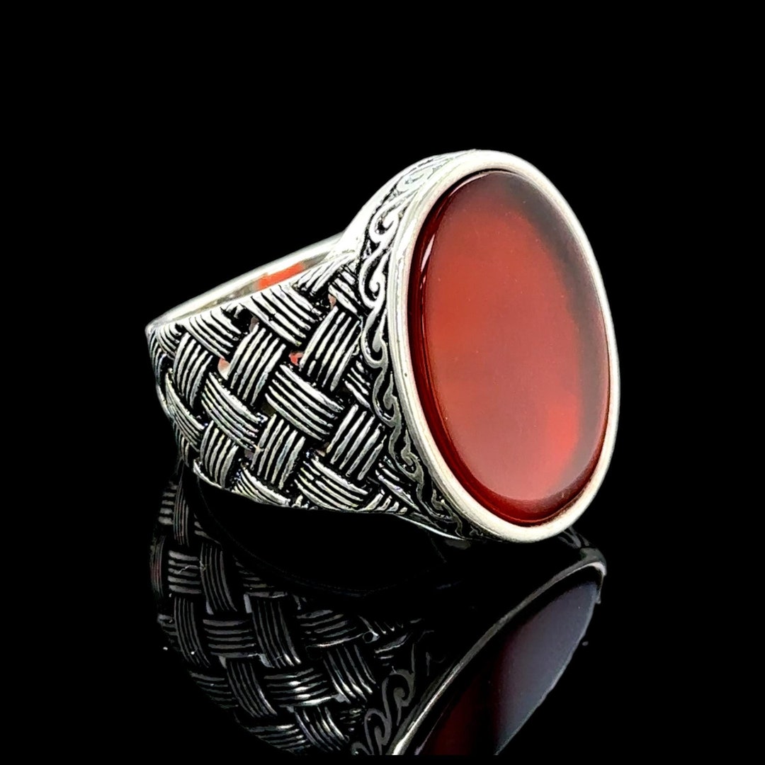 Men Red Agate Ring , Handmade Oval Aqeeq Gemstone Ring , Father Day ...