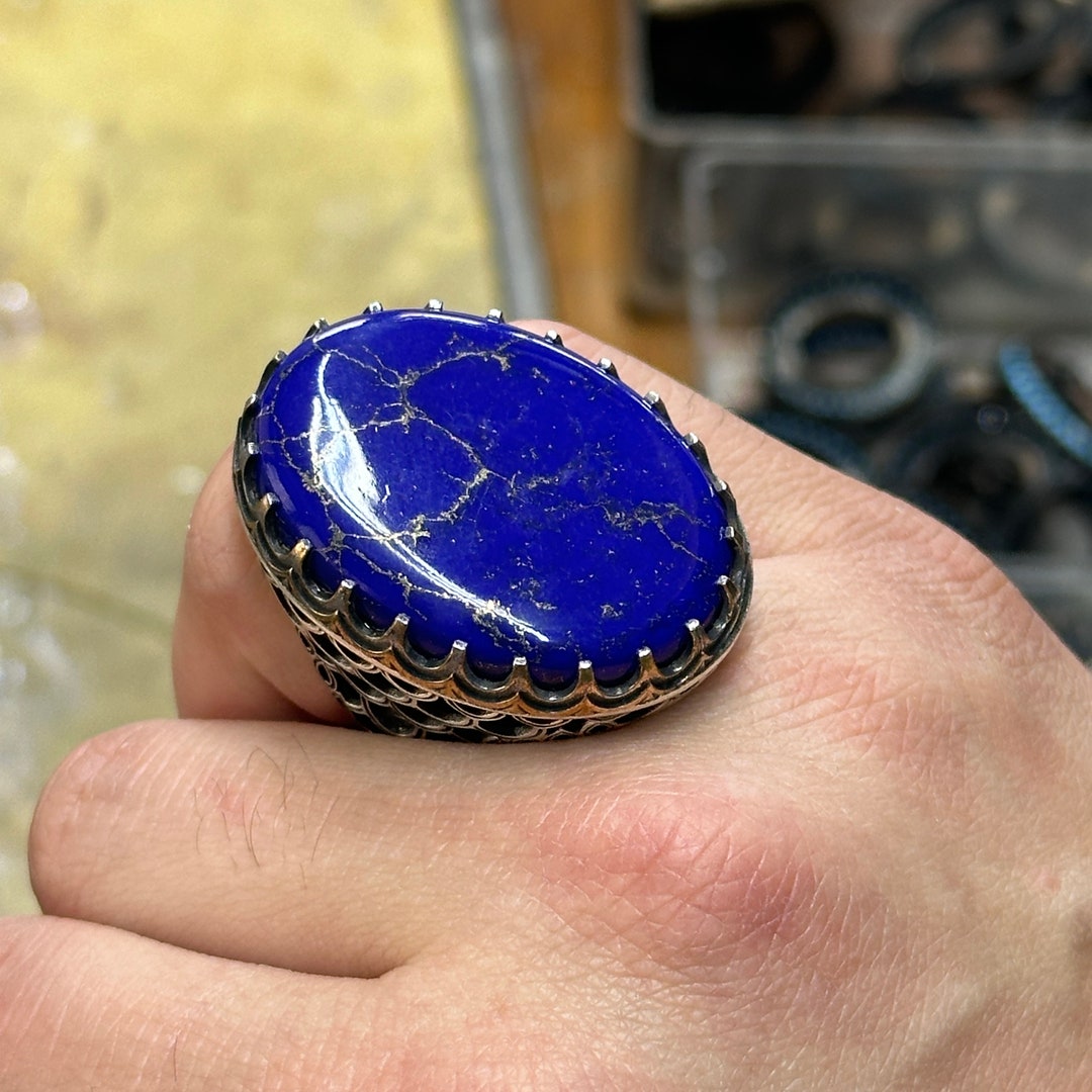 Mens Handmade Lapis Ring , Blue Large Lapis Lazuli Gemstone Ring, Men ...