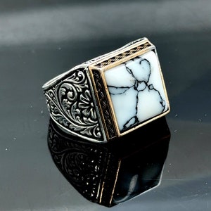 Men Handmade White Turquoise Stone Ring , Square Engraved Handcrafted ...