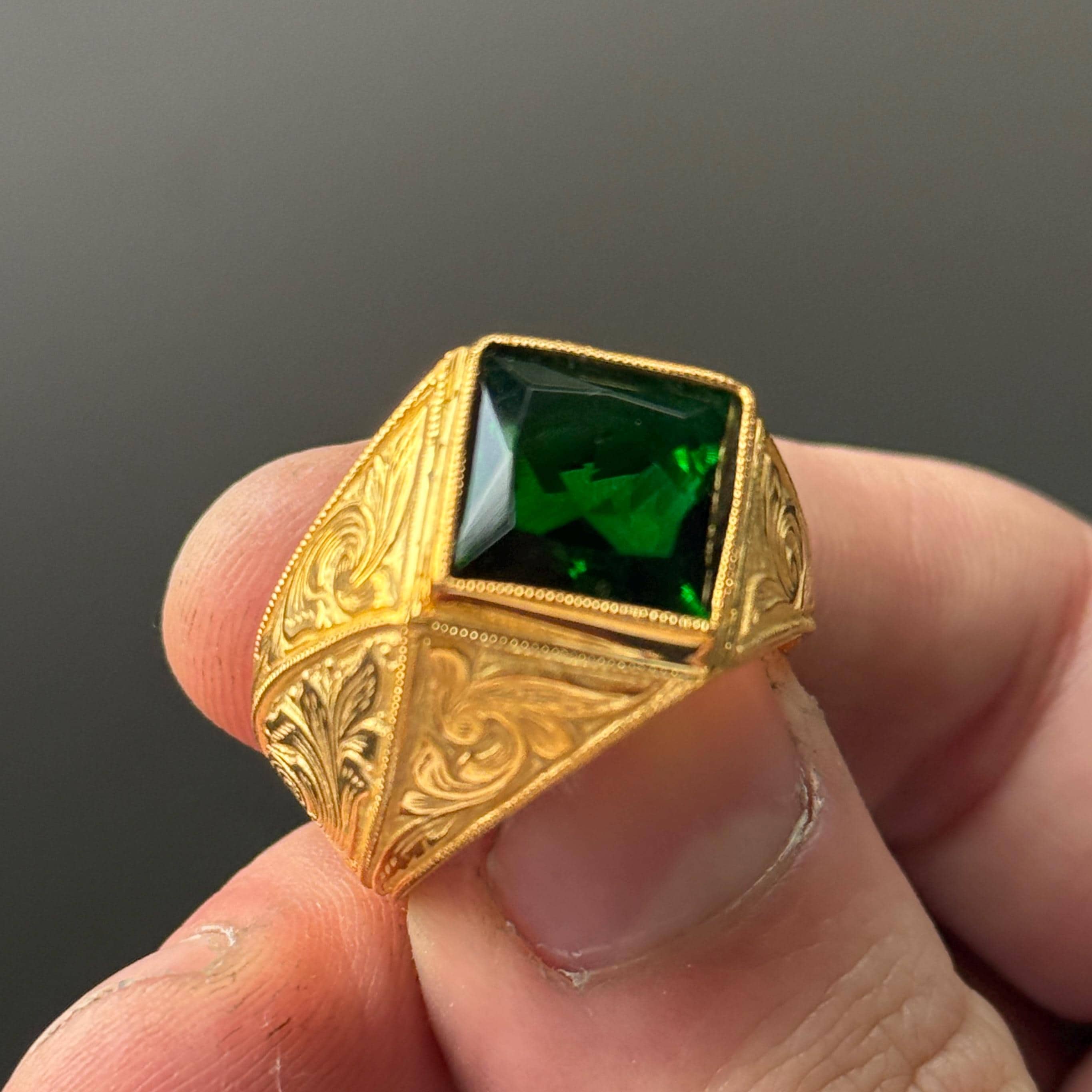 Gold Emerald Gemstone Men Ring, Square Cut Green Stone Ring, Engraved ...