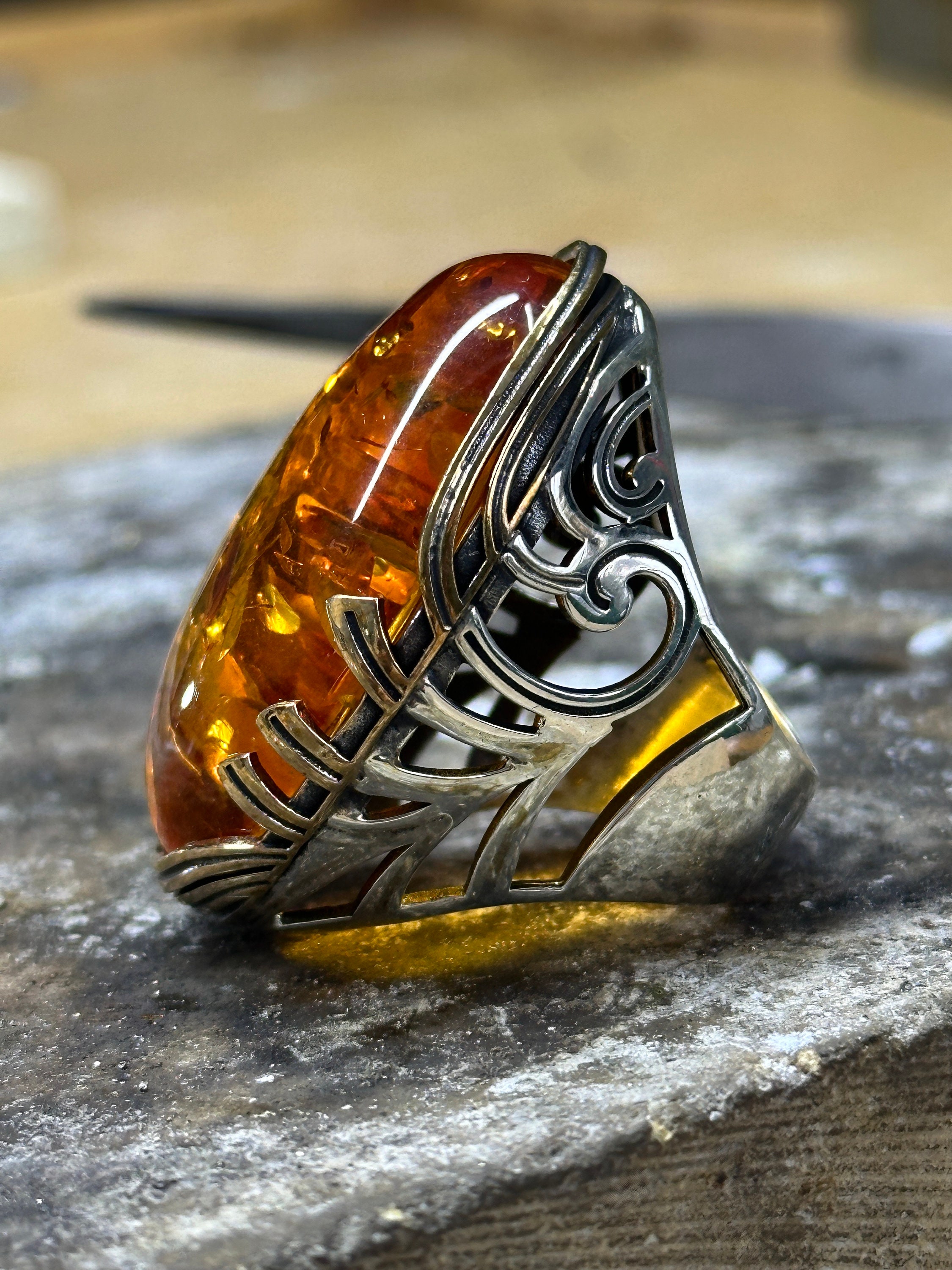 Natural Silver Baltic Amber Ring , Large Amber Stone Ring , Turkish ...
