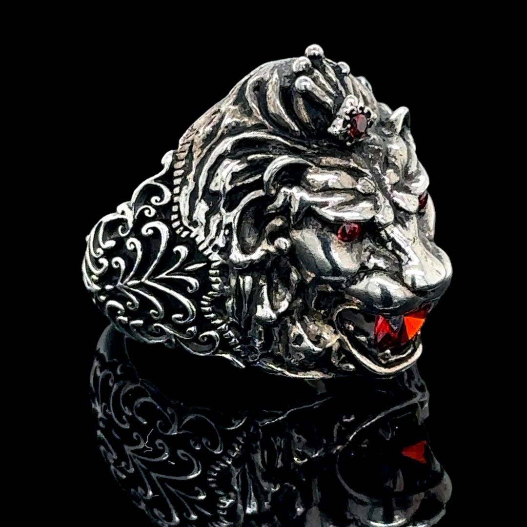 Silver Leon Head Ring, Ruby Red Stone Leon Ring, Handmade Wild Lion ...