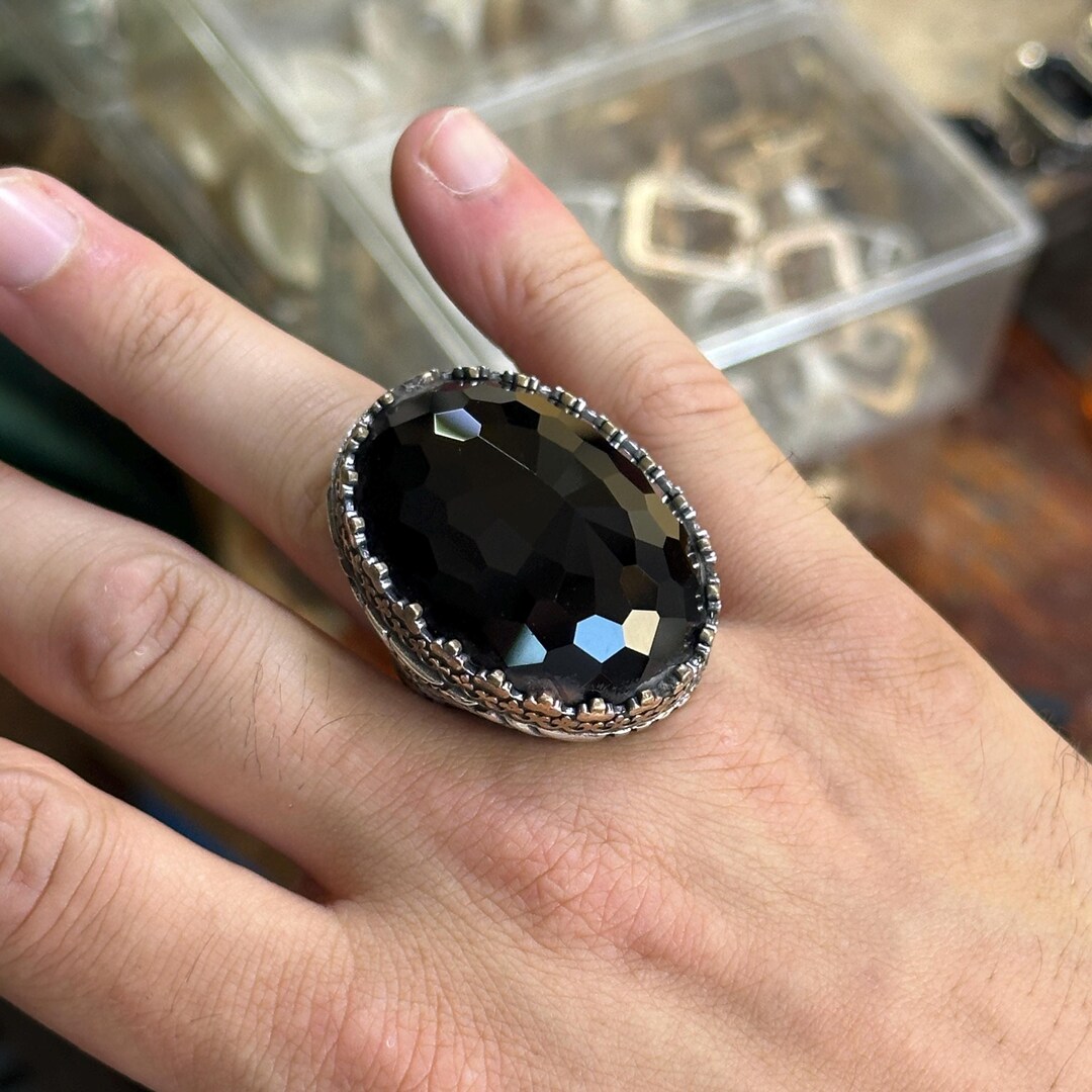 Silver Large Big Black Onyx Ring , Mens Handmade Big Ring , Men ...