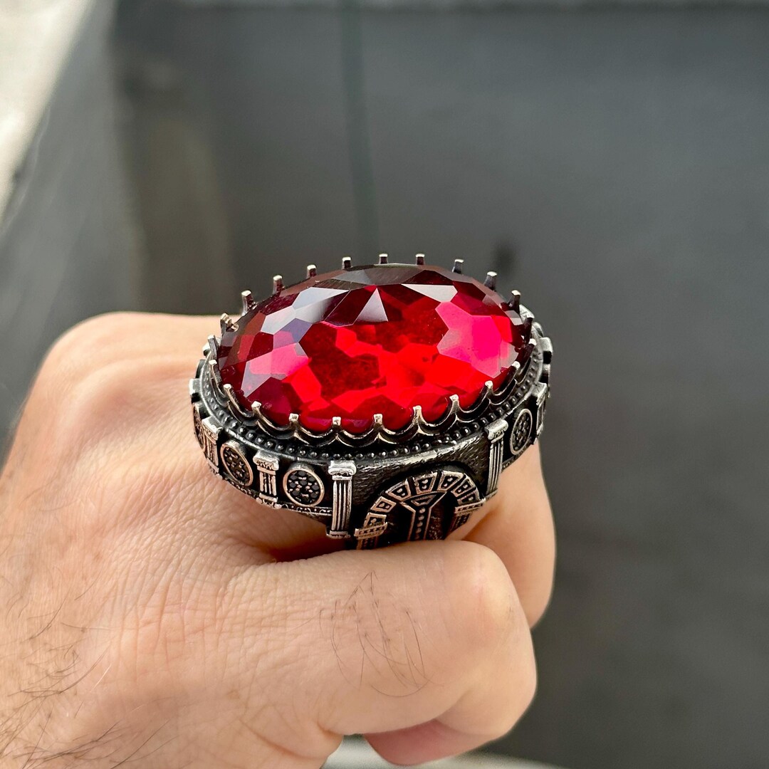 Men Silver Handmade Large Ruby Ring , Vintage Large Ottoman Style Ring ...