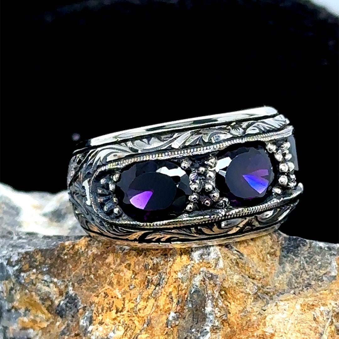 Men Amethyst Band Ring , Engraved Men Ring, Wedding Amethyst Men's Ring ...