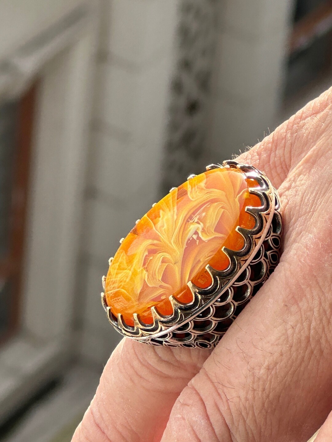 Silver Amber Stone Ring , Large Amber Stone Ring , Man Handmade Ring ...