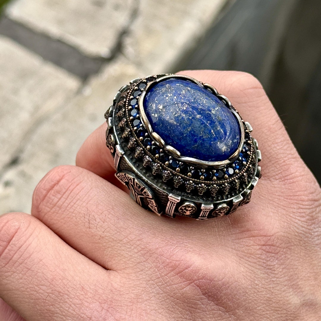 Men Silver Lapis Lazuli Ring, Natural Large Lapis Gemstone Ring, Big ...