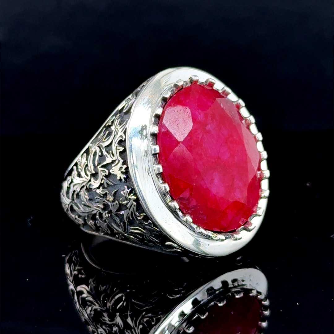 Handmade Silver Natural Ruby Stone Ring, Engraved Handmade Unique ...