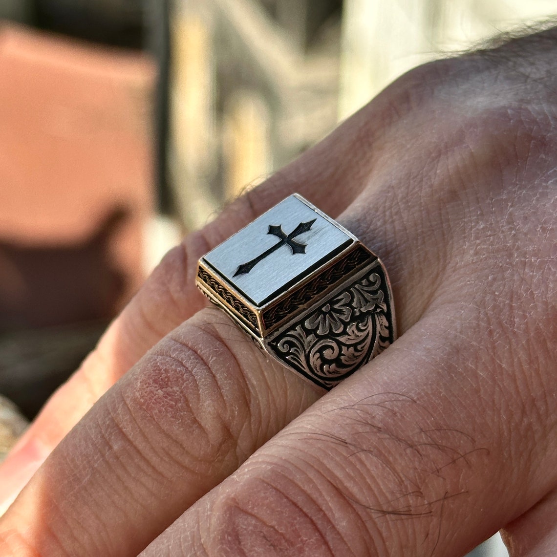 Silver Engraved Cross Medal Ring, Square Cross Ring, Cross Signet Ring ...