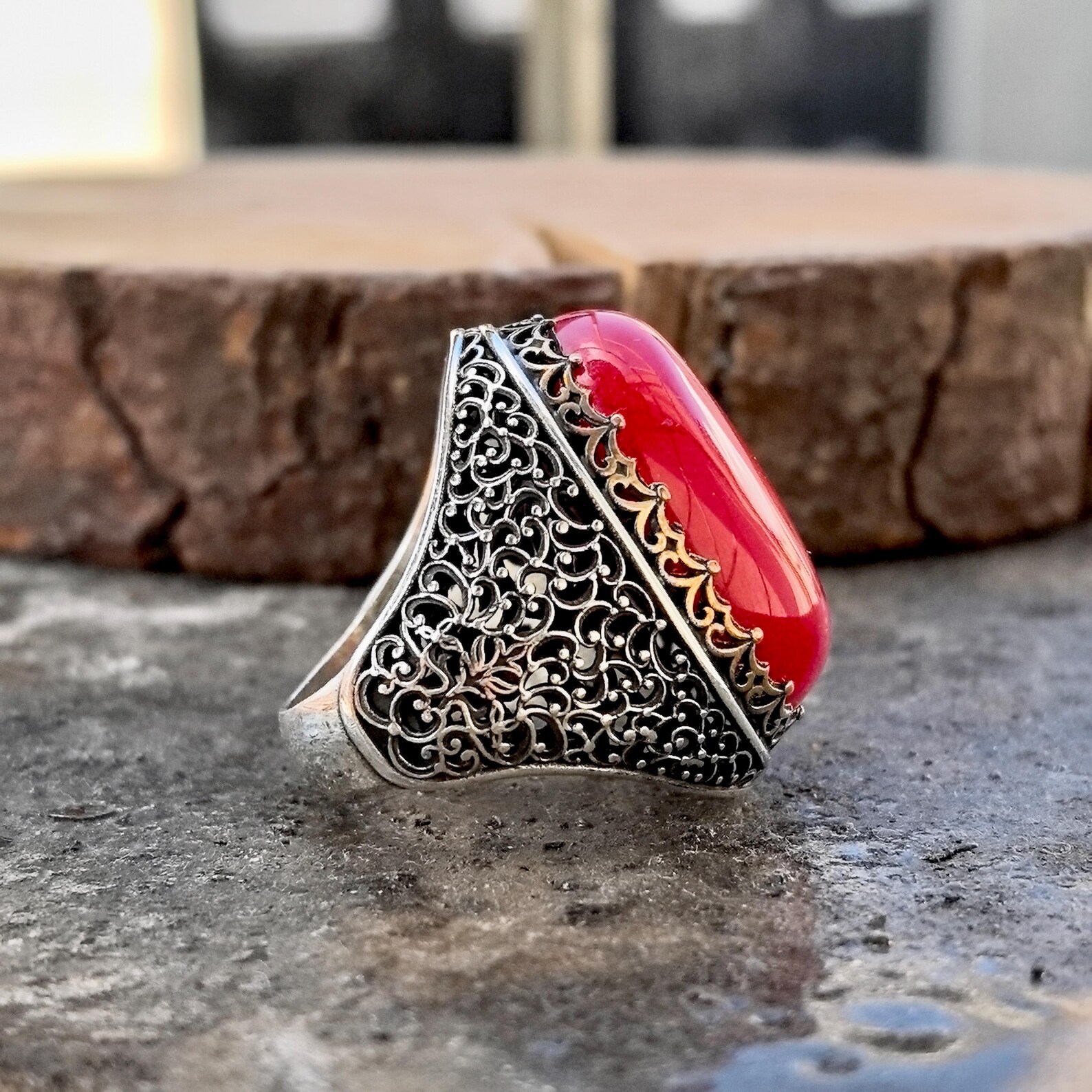 Men Silver Red Jade Stone Ring, Natural Jade Ring, Ottoman Style ...