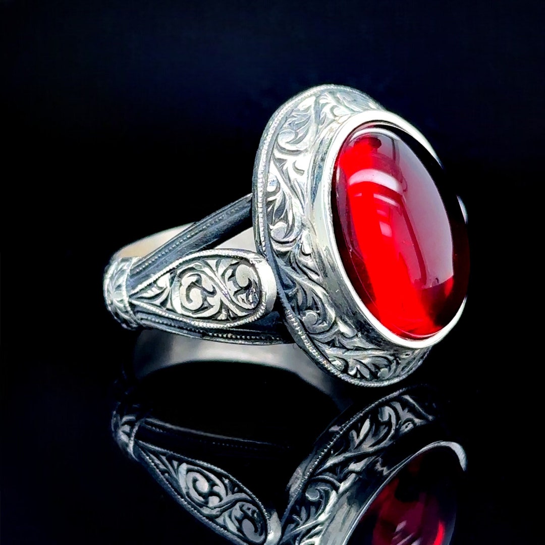 Man Handmade Silver Ring , Silver Men Red Stone Ring, Oval Ottoman ...
