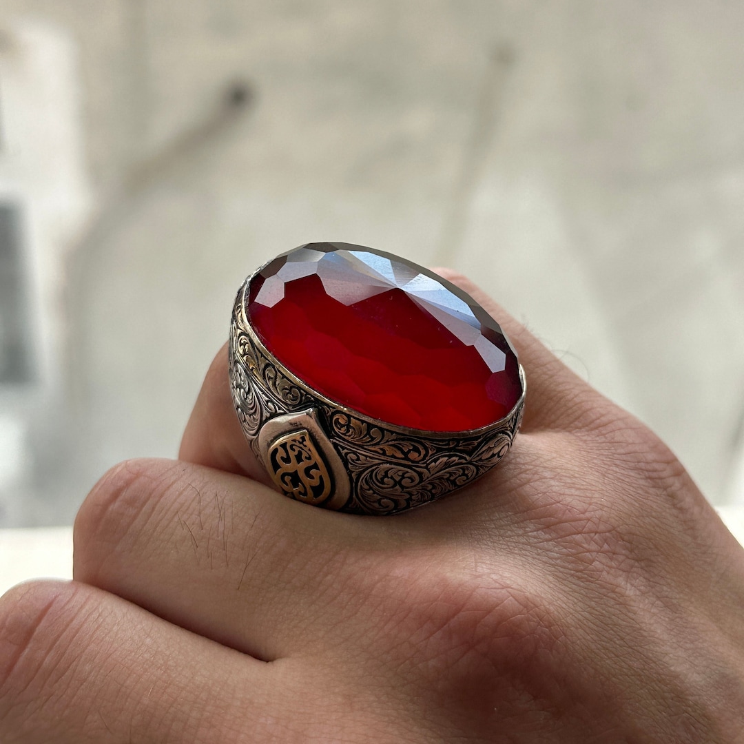 Man Silver Large Ruby Ring , Handmade Ottoman Style Large Ring , Big ...