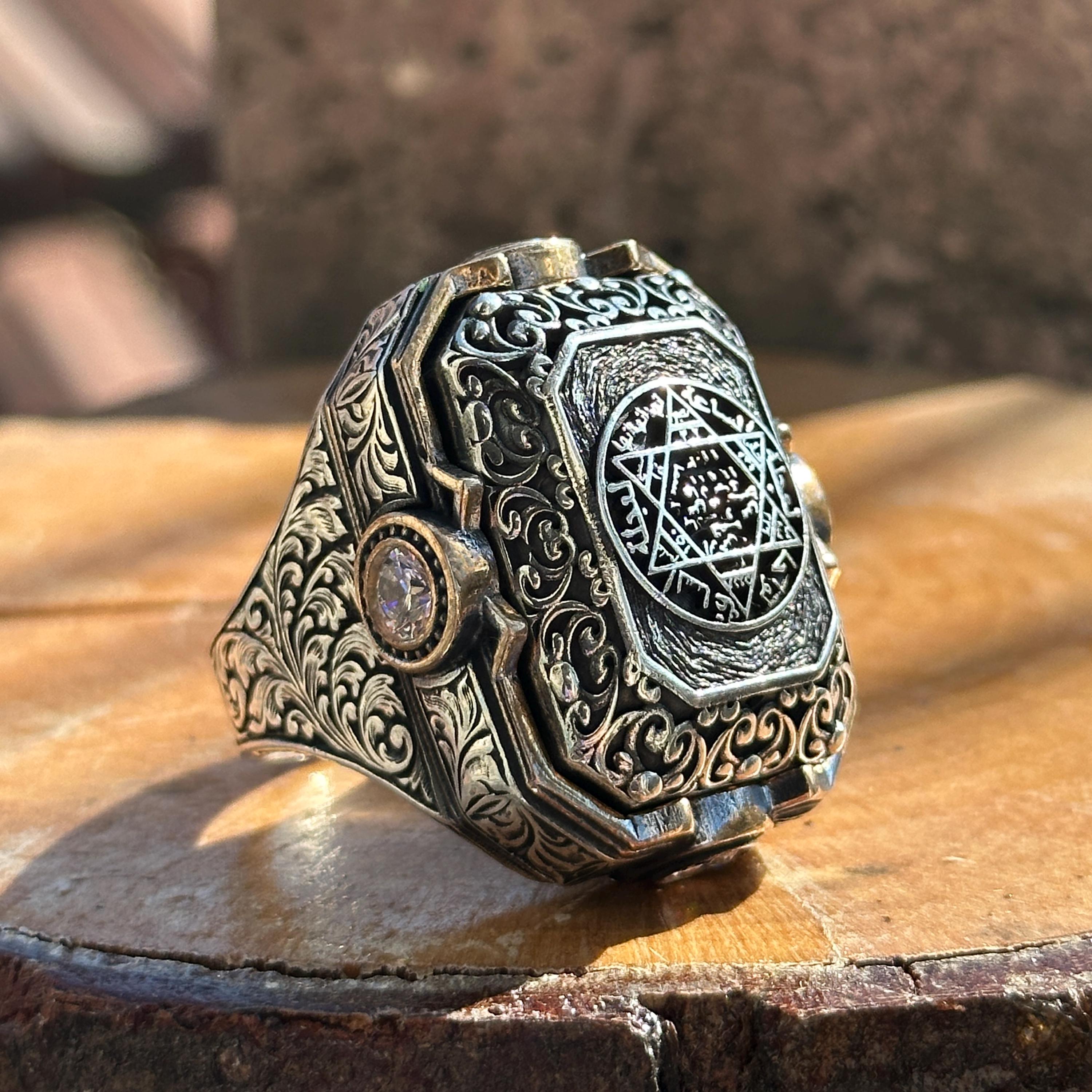 Silver Seal of Solomon Ring , Large Seal King Solomon Signet Ring , Men ...