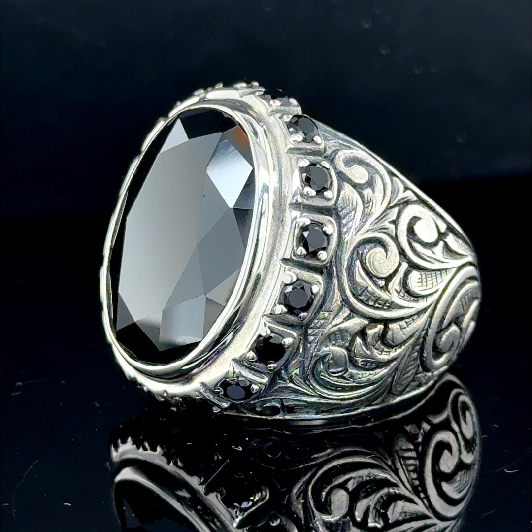 Silver Handmade Onyx Ring, Engraved Black Onyx Signet Ring, Turkish ...