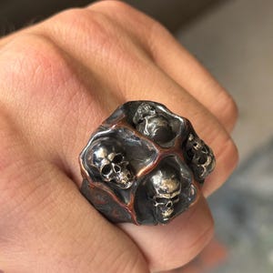 Silver Skull Ring, Four Head Skull Ring, Hammered Skull Ring, Skeleton ...