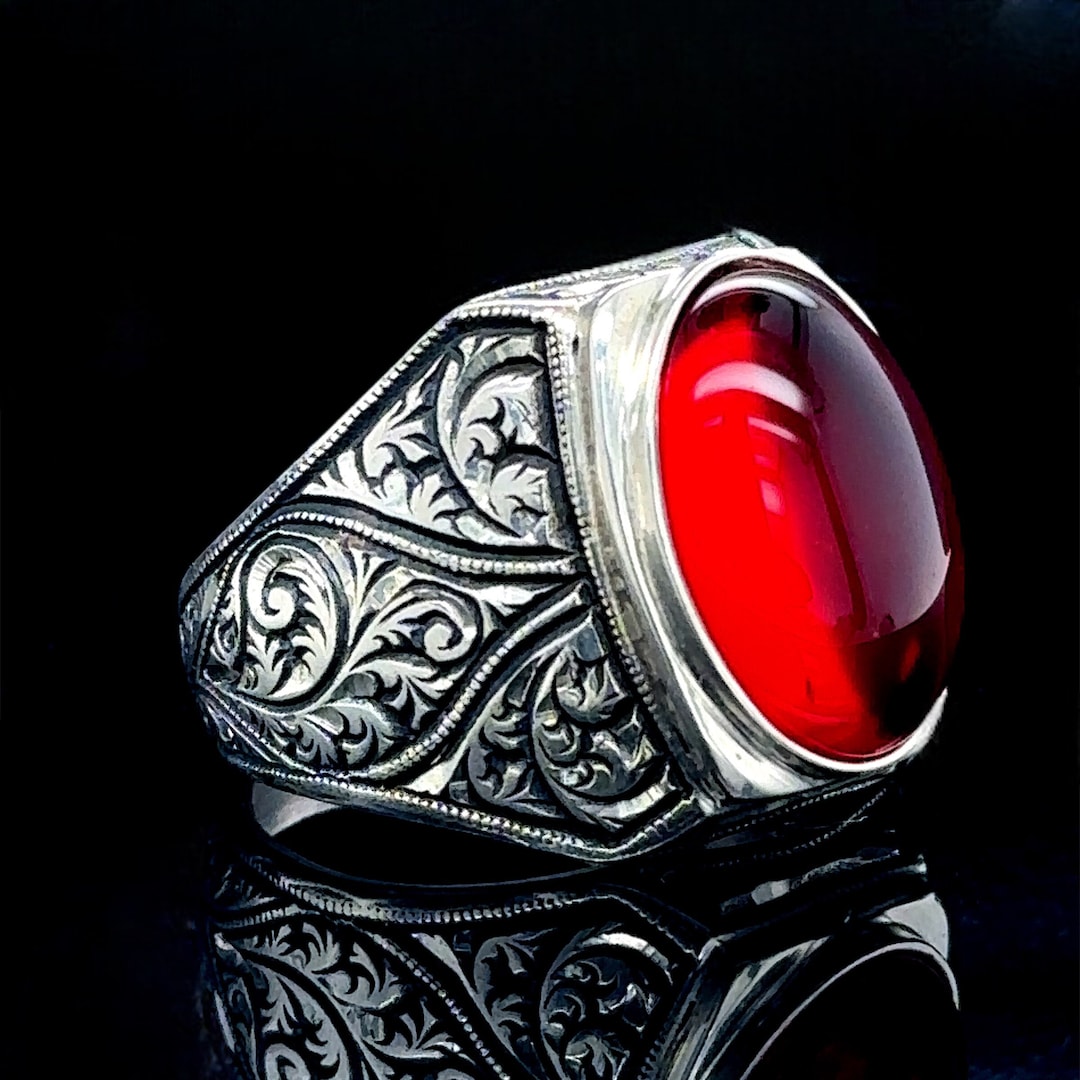 Natural Ruby Stone Ring , Handmade Men Engraved Silver Ring , Red Stone ...