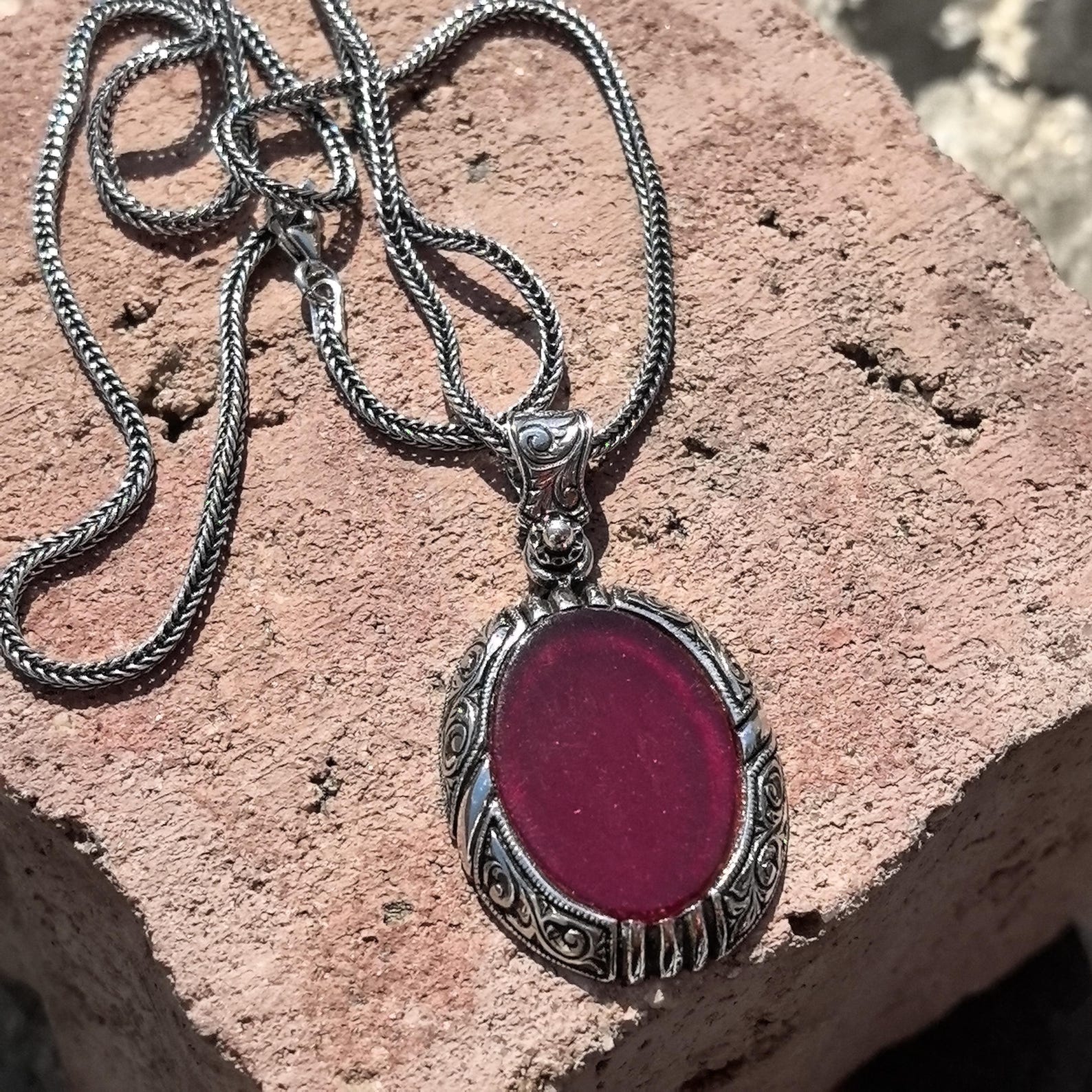 Men Silver Ruby Stone Pendant, Hand Engraved Ruby Stone Necklace, Oval ...