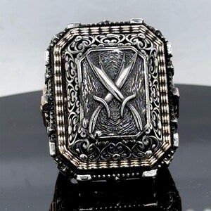 Men Silver Double Sword Ring , Large Silver Zulfiqar Sword Ring ...