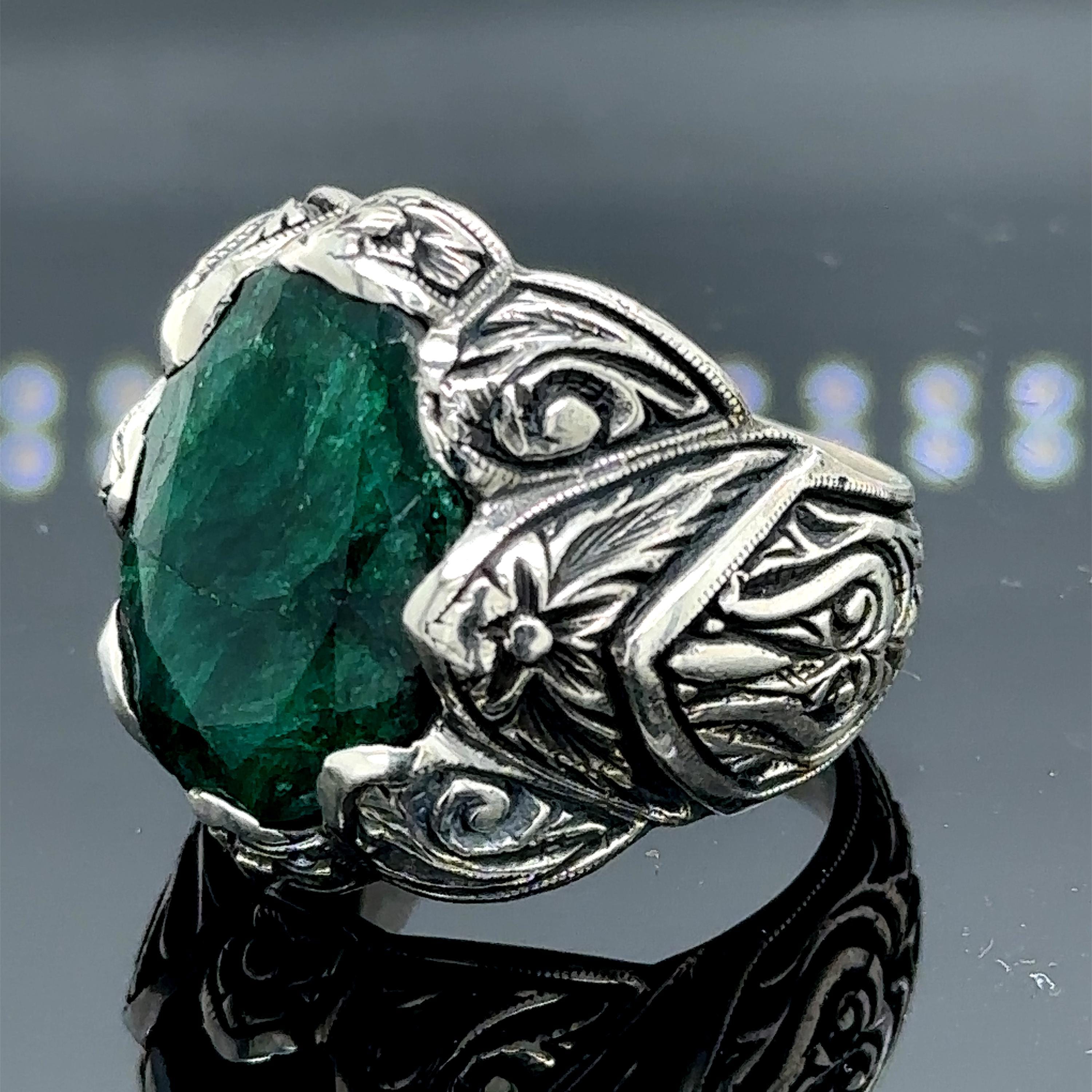 Men Silver Green Stone Ring , Handmade Emerald Stone Ring , Sterling ...