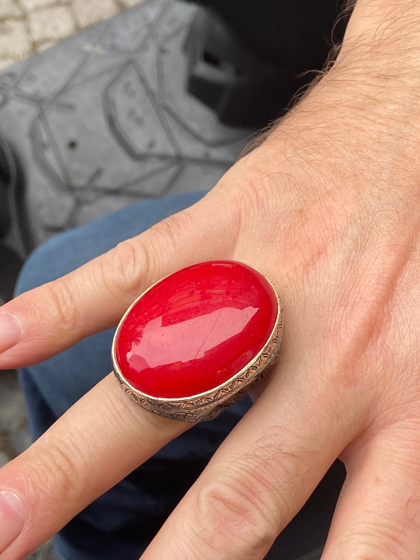 Man Red Jade Stone Ring , Silver Large Stone Ring , Ottoman Style ...