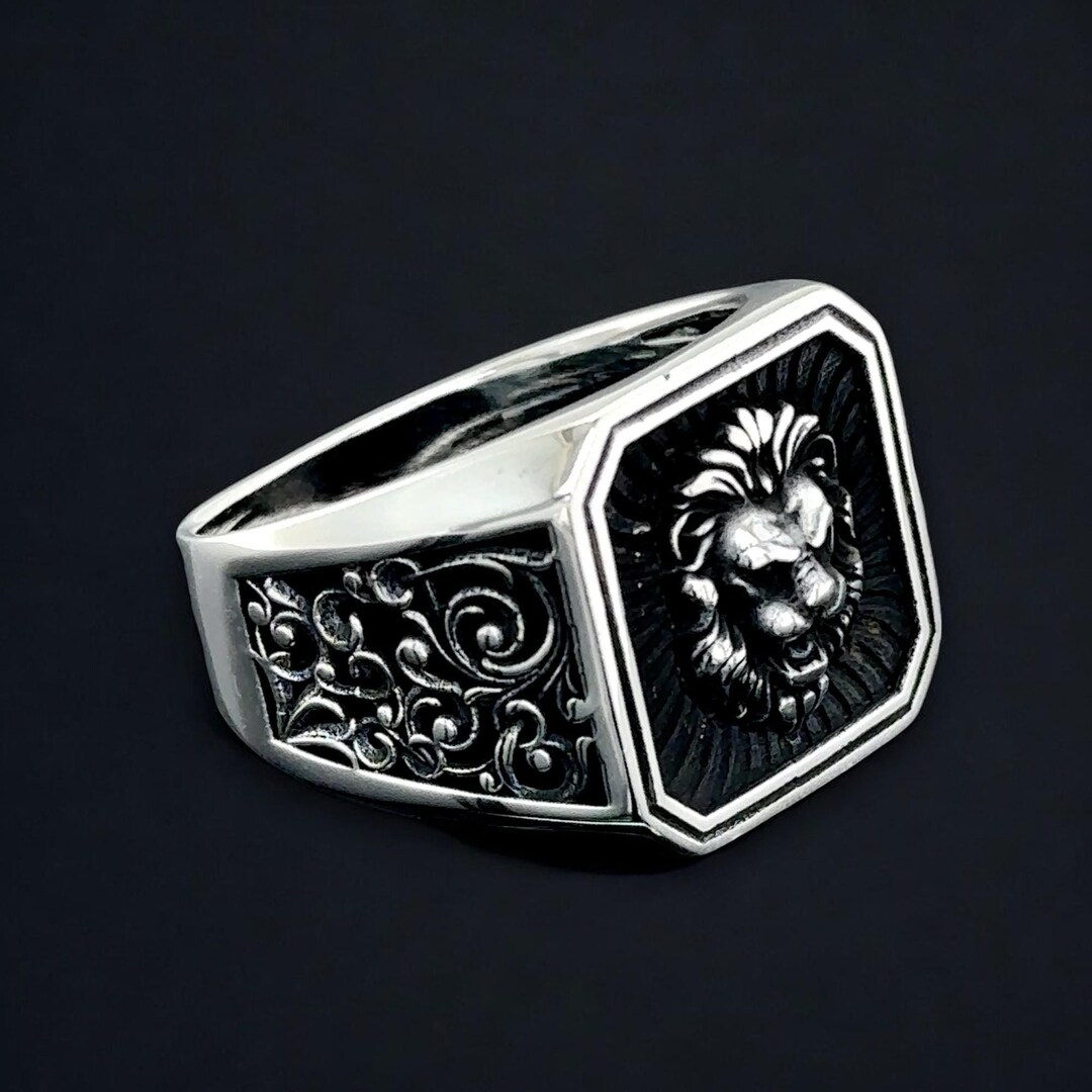 Silver Lion Ring , Leon Head Signet Ring , Animal Signet Ring , 925k ...