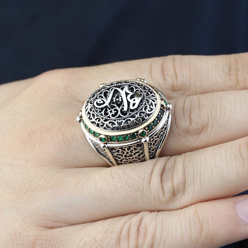 Silver Islamic Muhammad Silver Ring, Emerald Stone Arabic Calligraphy ...