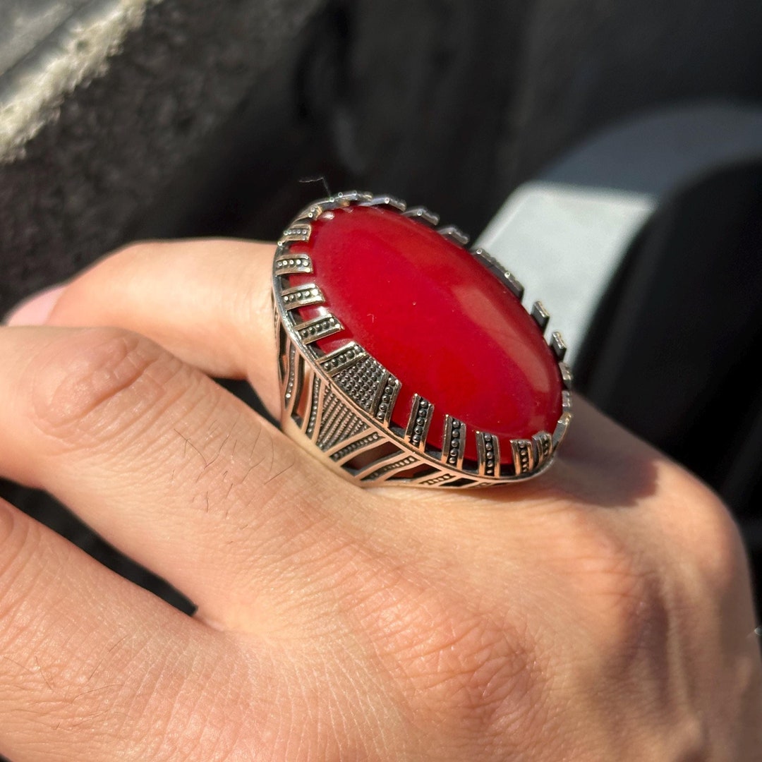 Man Red Jade Stone Ring , Men Red Large Stone Ring , Ottoman Style ...