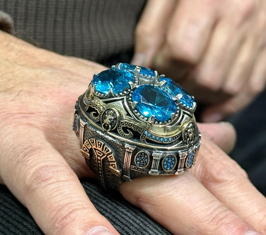 Men Silver Aquamarine Gemstone Ring, Leon Figured Sword Ring, Turkish ...