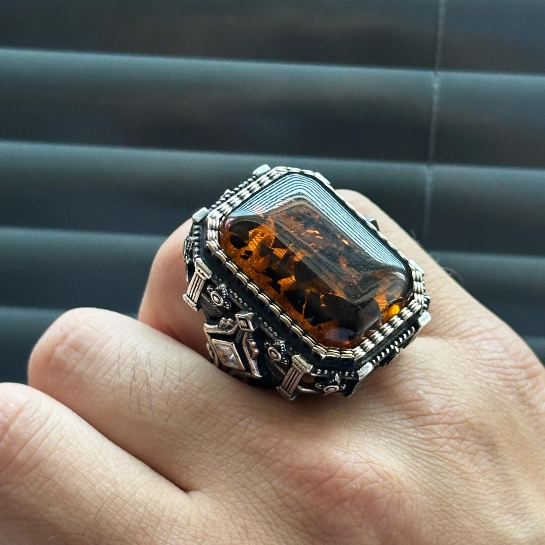 Men Silver Large Ring, Large Baltic Amber Stone Ring , Ottoman Natural ...