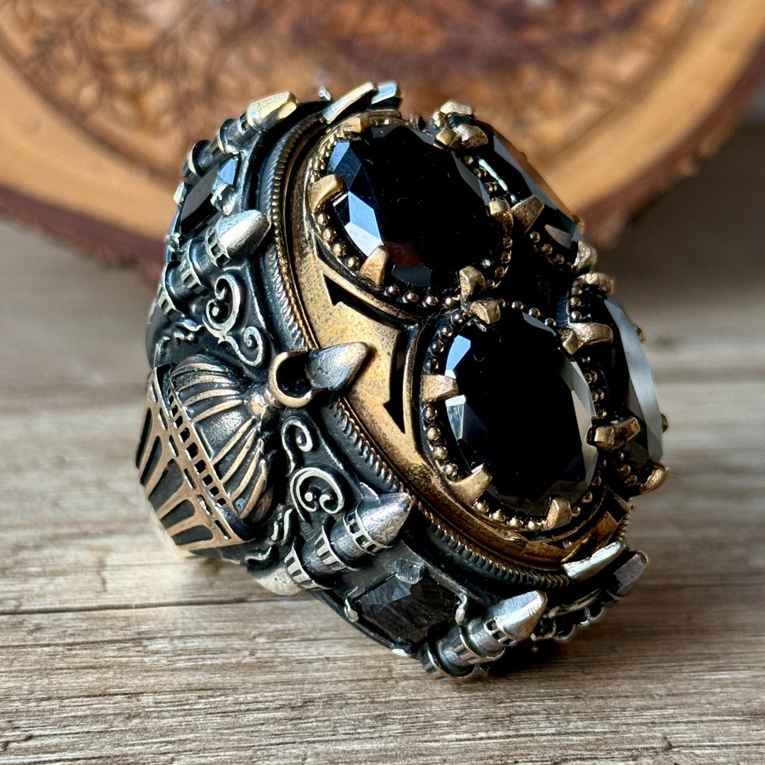 Men Silver Large Black Onyx Ring, Unique Onyx Ring, Ottoman Style ...