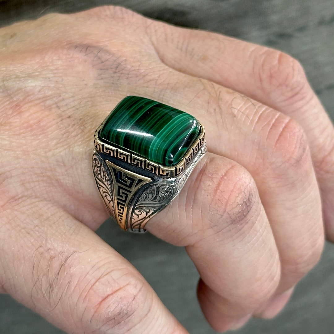 Natural Malachite Gemstone Ring , Silver Men Malachite Ring , Turkısh Handmade Ring , Ottoman ...