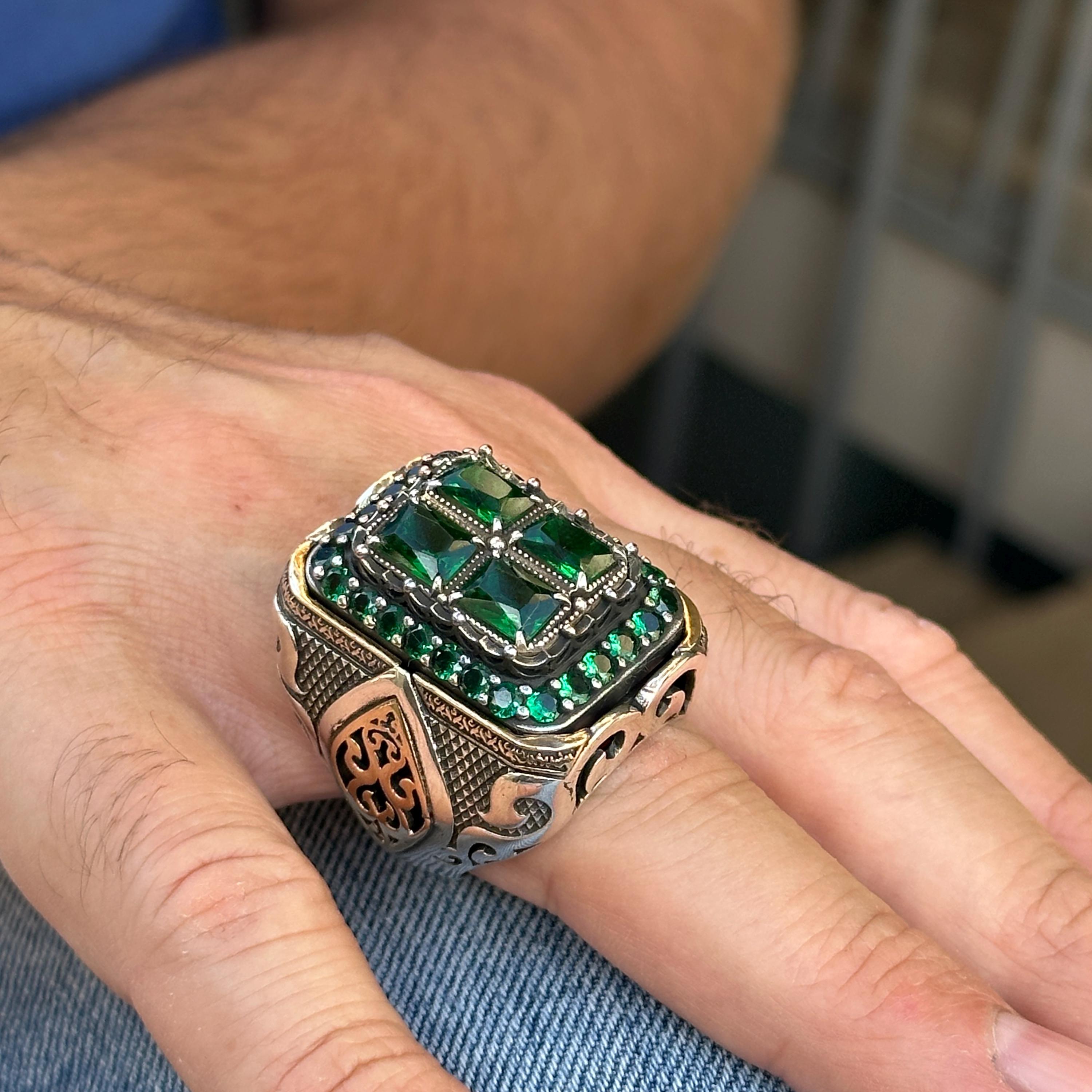 Men Handmade Large Ottoman Ring , Green Emerald Stone Ring , Men Green ...